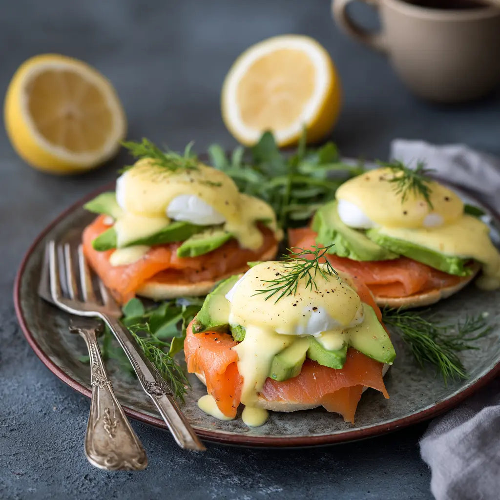 Smoked Salmon Eggs Benedict with Avocado & Lemon-Dill Hollandaise